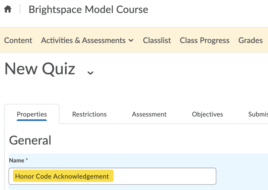 Creating an Honor Code quiz | Brightspace | Vanderbilt University